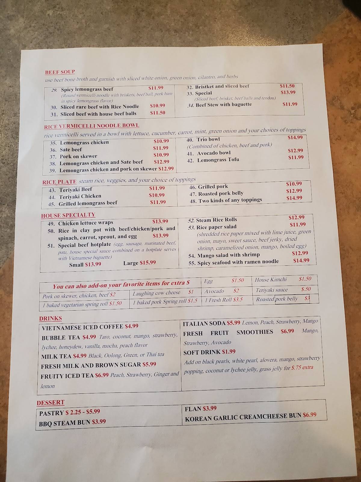Menu at Uncle Sunny restaurant, Regina