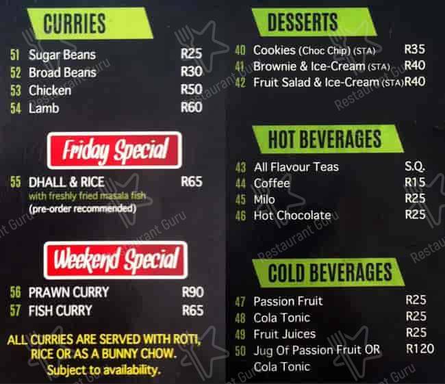 Menu at Vapor Cafe, Durban