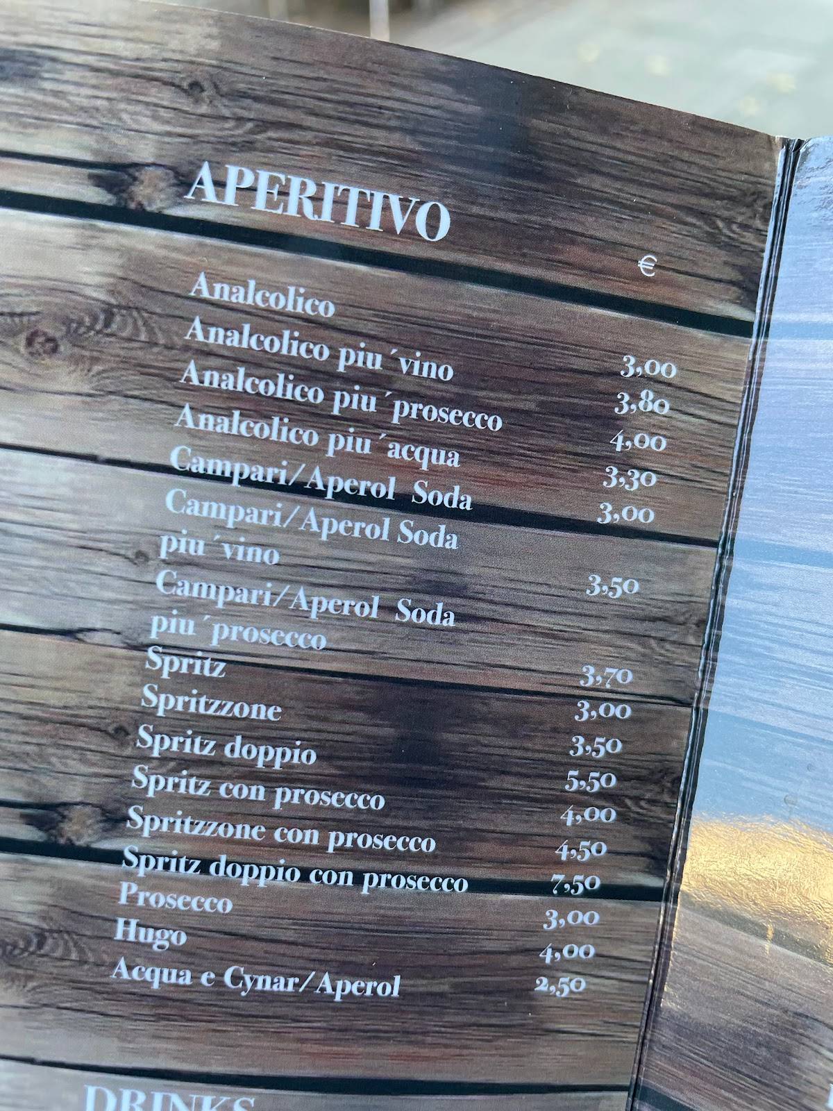 Menu at Vecia Gina cafe, Venice