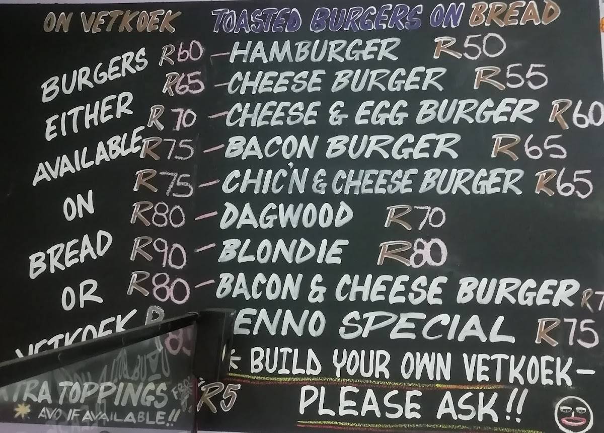 Menu at Vetkoek Paleis restaurant, Johannesburg, 37 Anstruther St