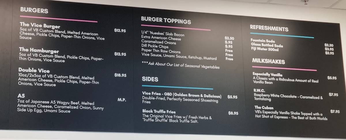 Carta del restaurante Vice Burger Miami Beach, Miami Beach
