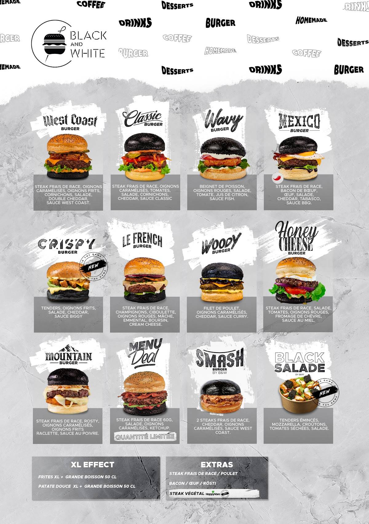 Menu au Black & White Burger Vichy restaurant, Vichy