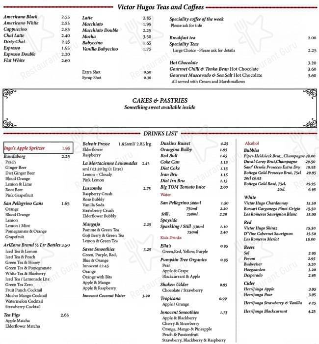 Menu at Victor Hugo Deli - Meadows cafe, Edinburgh, 26