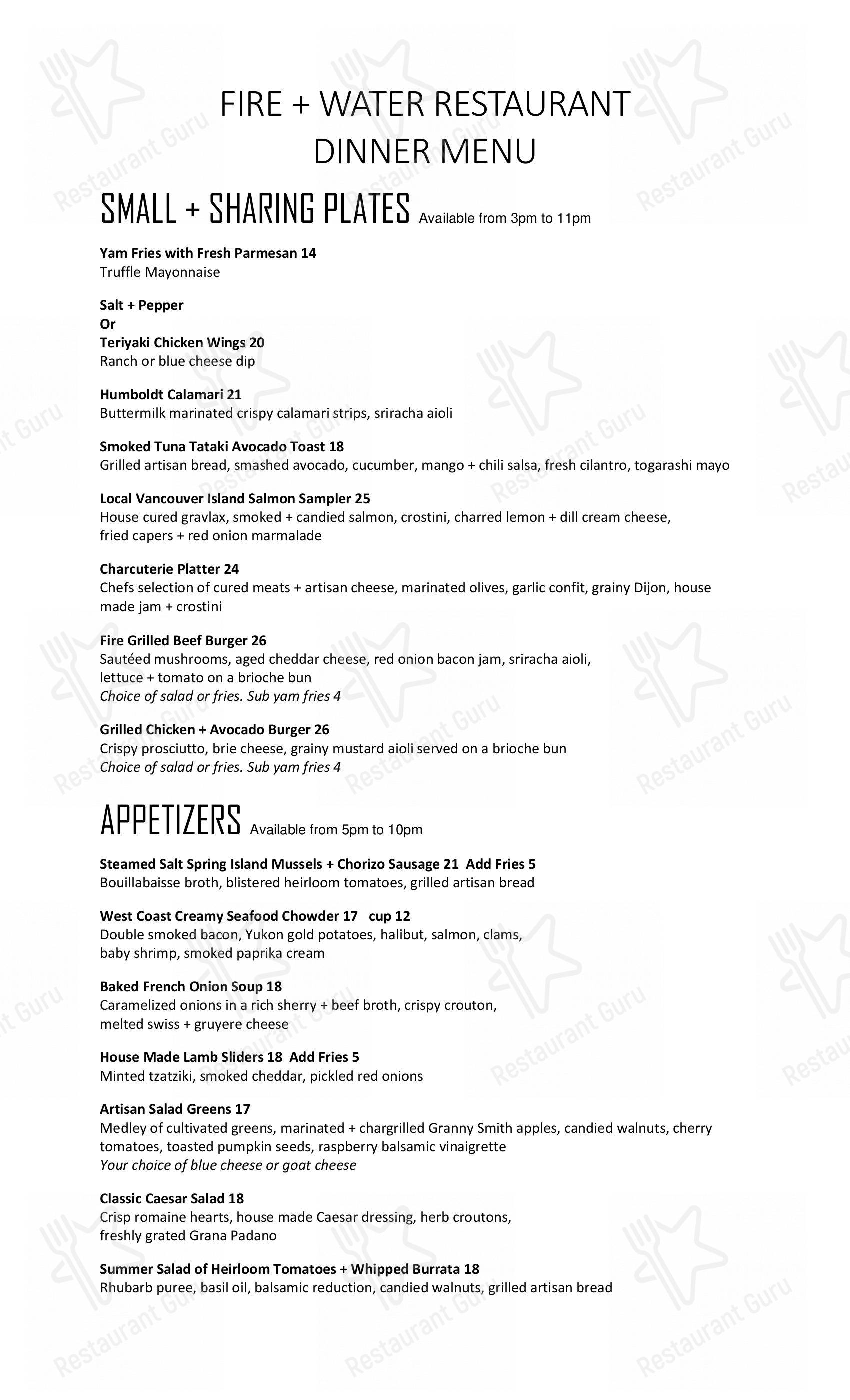 Menu at Fire + Water Restaurant, Victoria