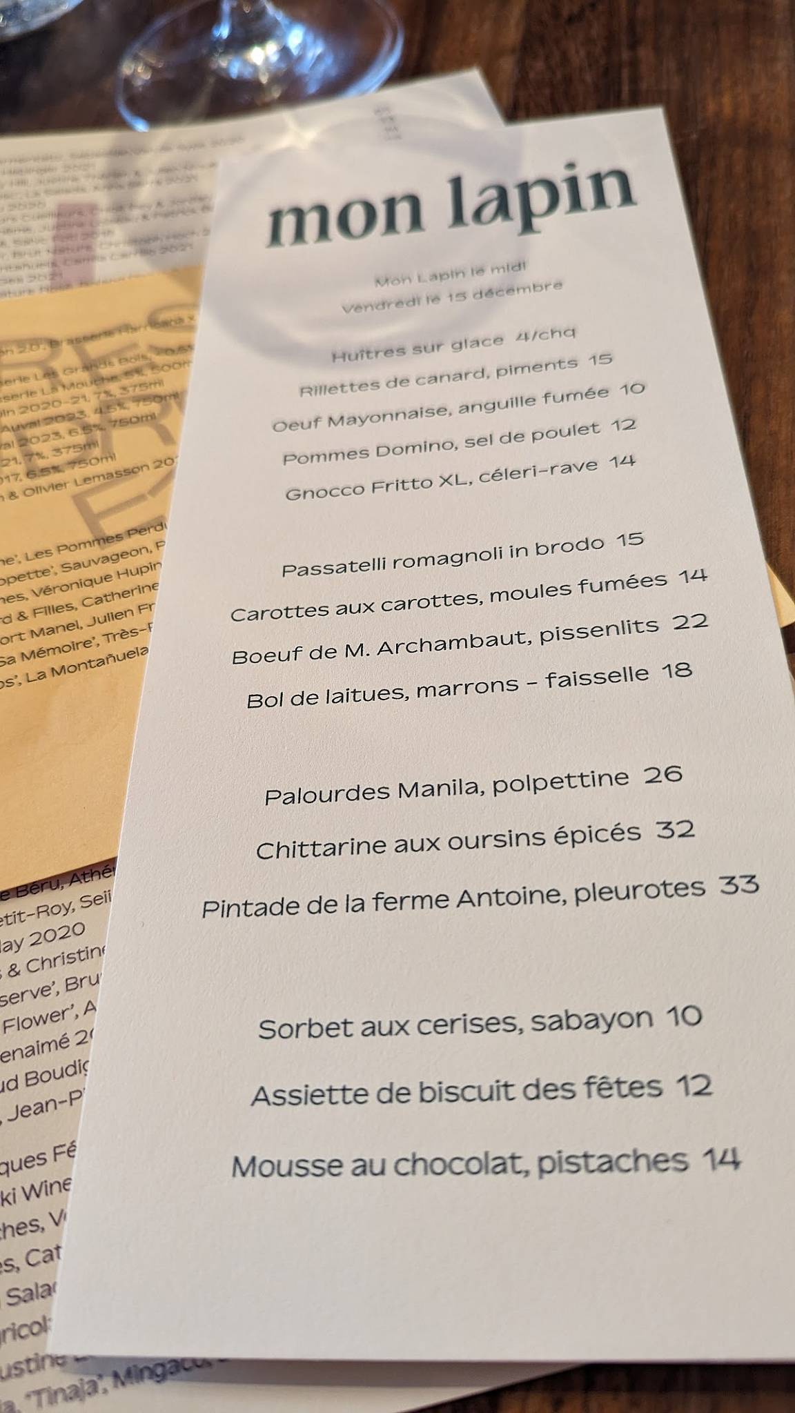 Menu at Vin Mon Lapin pub & bar, Montréal