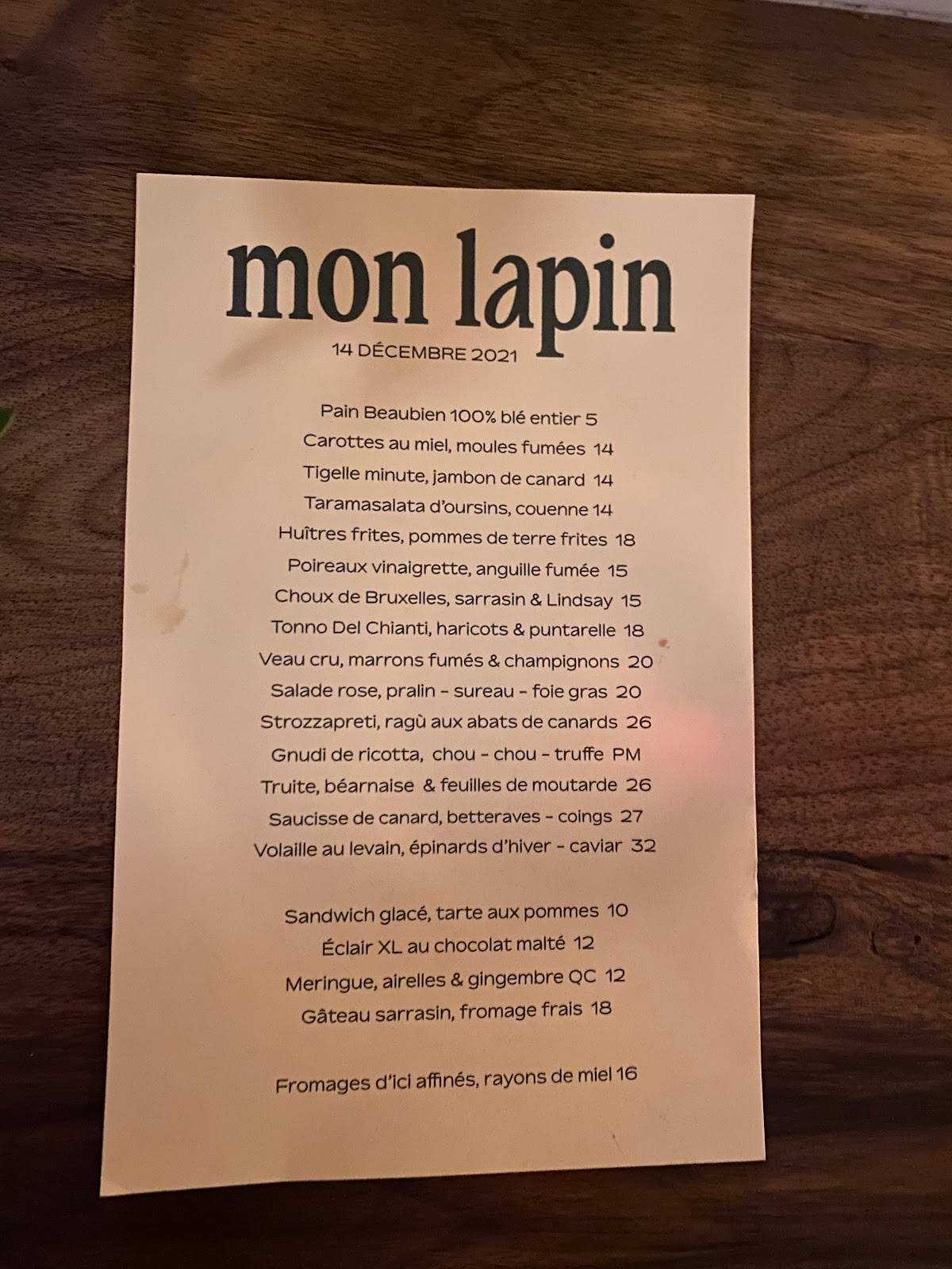 Menu at Vin Mon Lapin pub & bar, Montréal