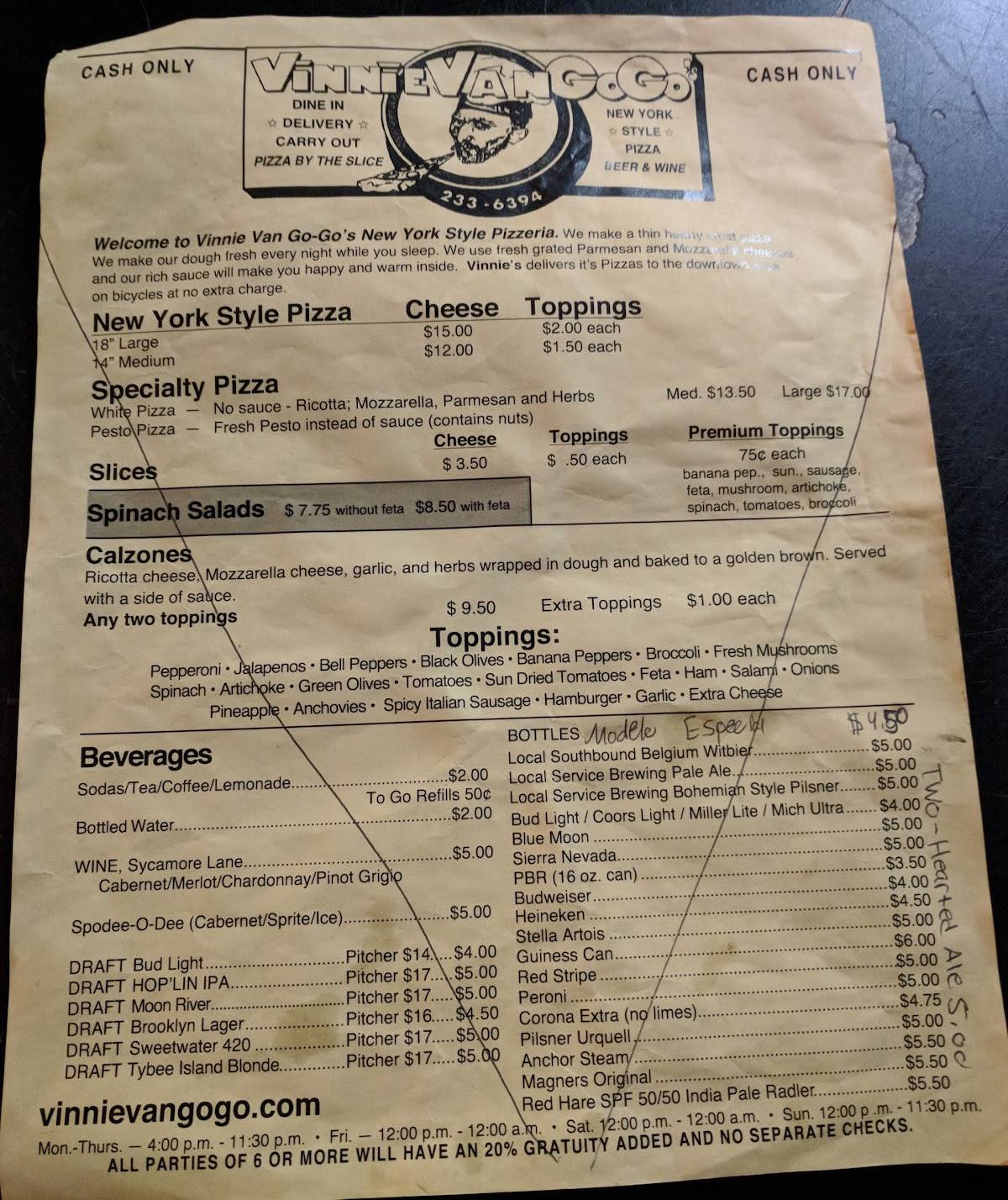 Menu at Vinnie Van GoGo's pizzeria, Savannah