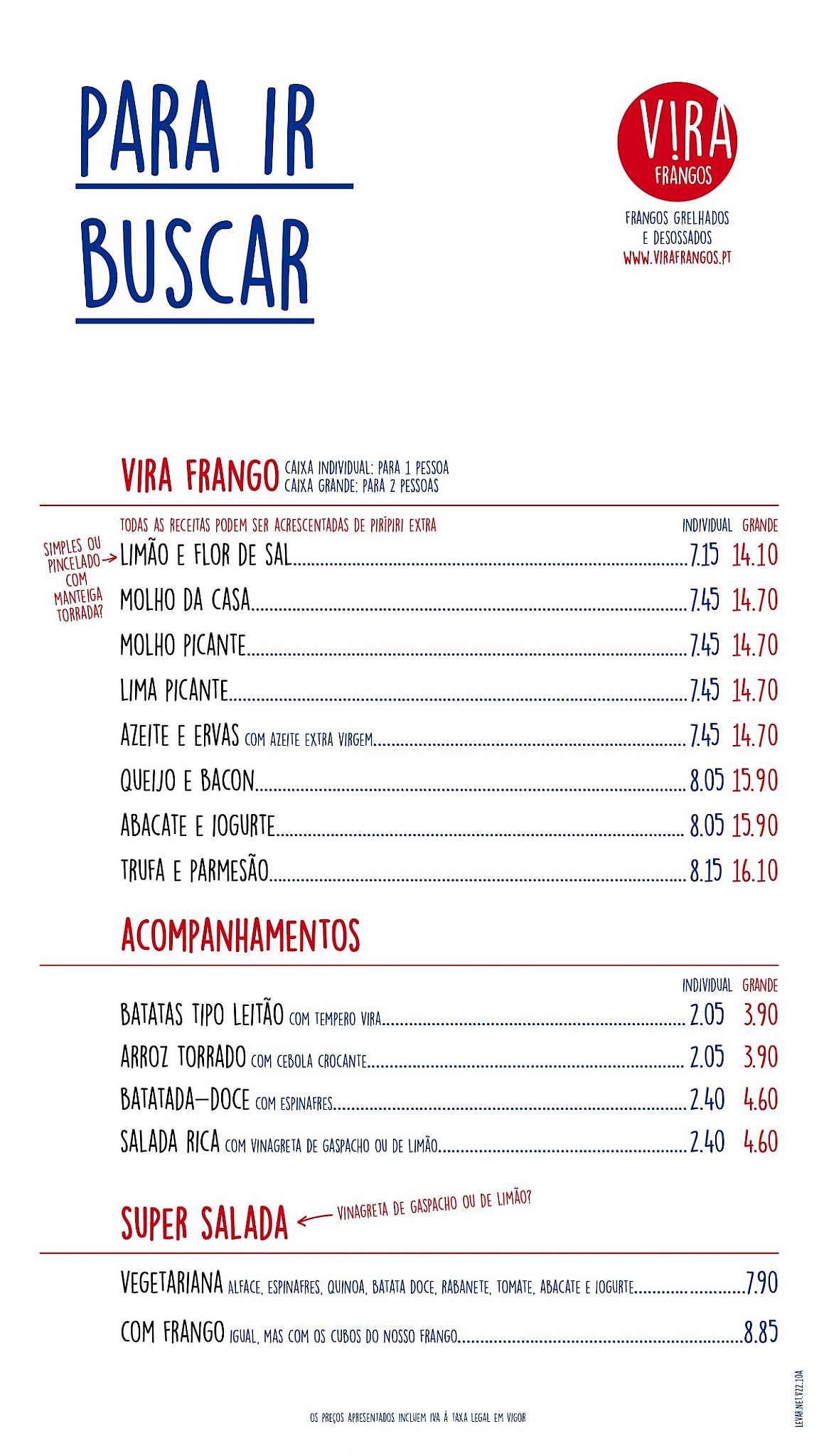 Menu at VIRA Frangos Atrium Saldanha restaurant, Lisbon
