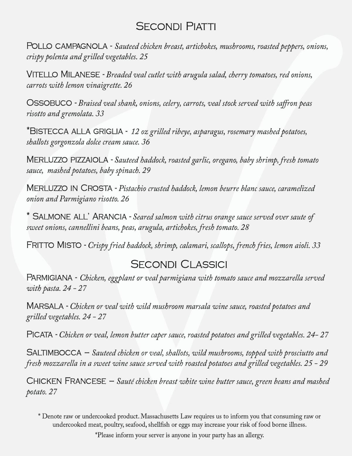 Menu at Volare restaurant, Revere