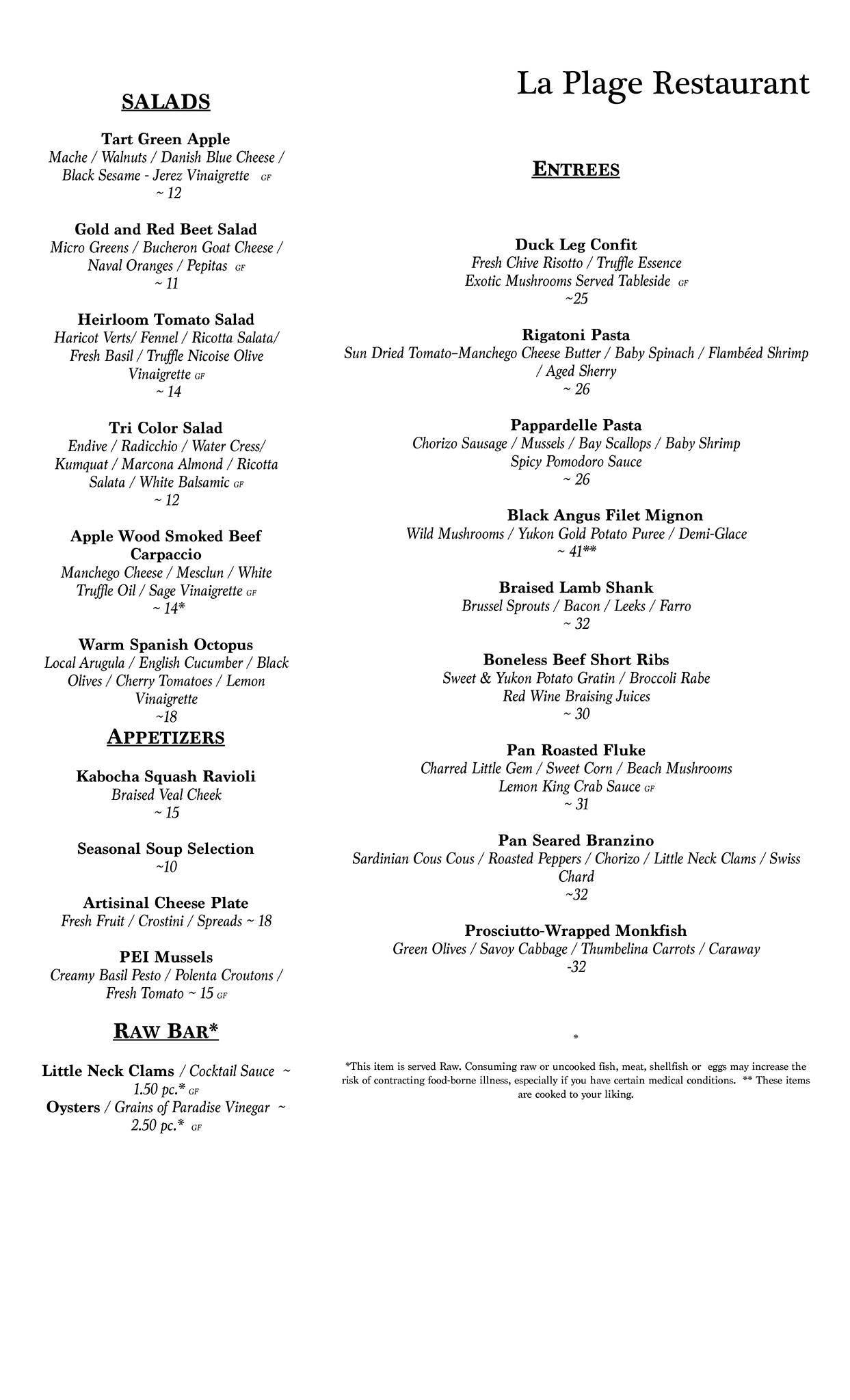 Menu at La Plage restaurant, Wading River