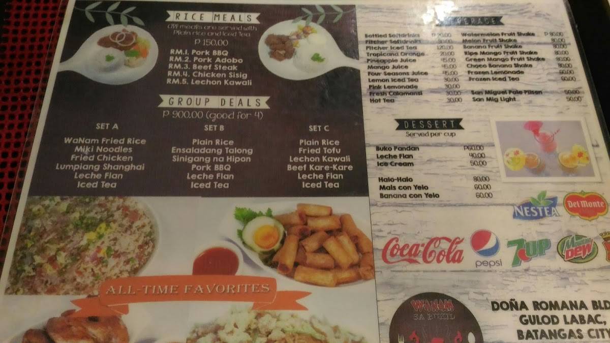 Menu at Wanam sa Bukid restaurant, Batangas