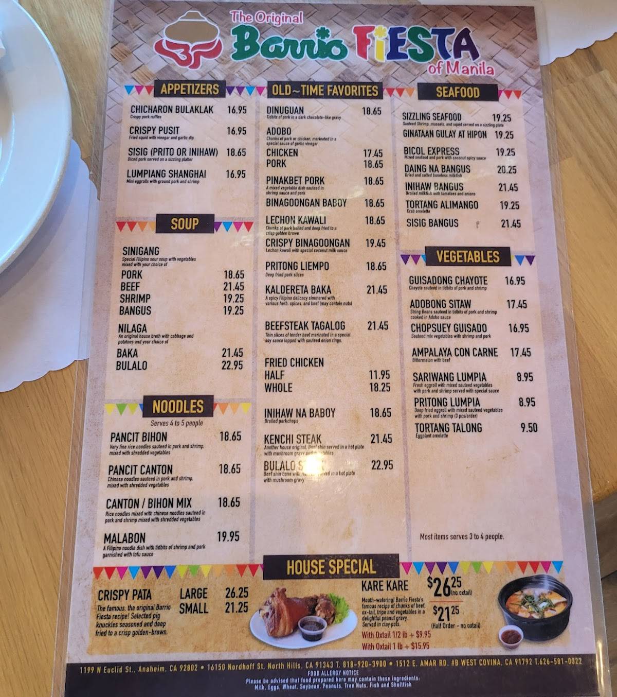 Menu at The original Barrio Fiesta of Manila, West Covina