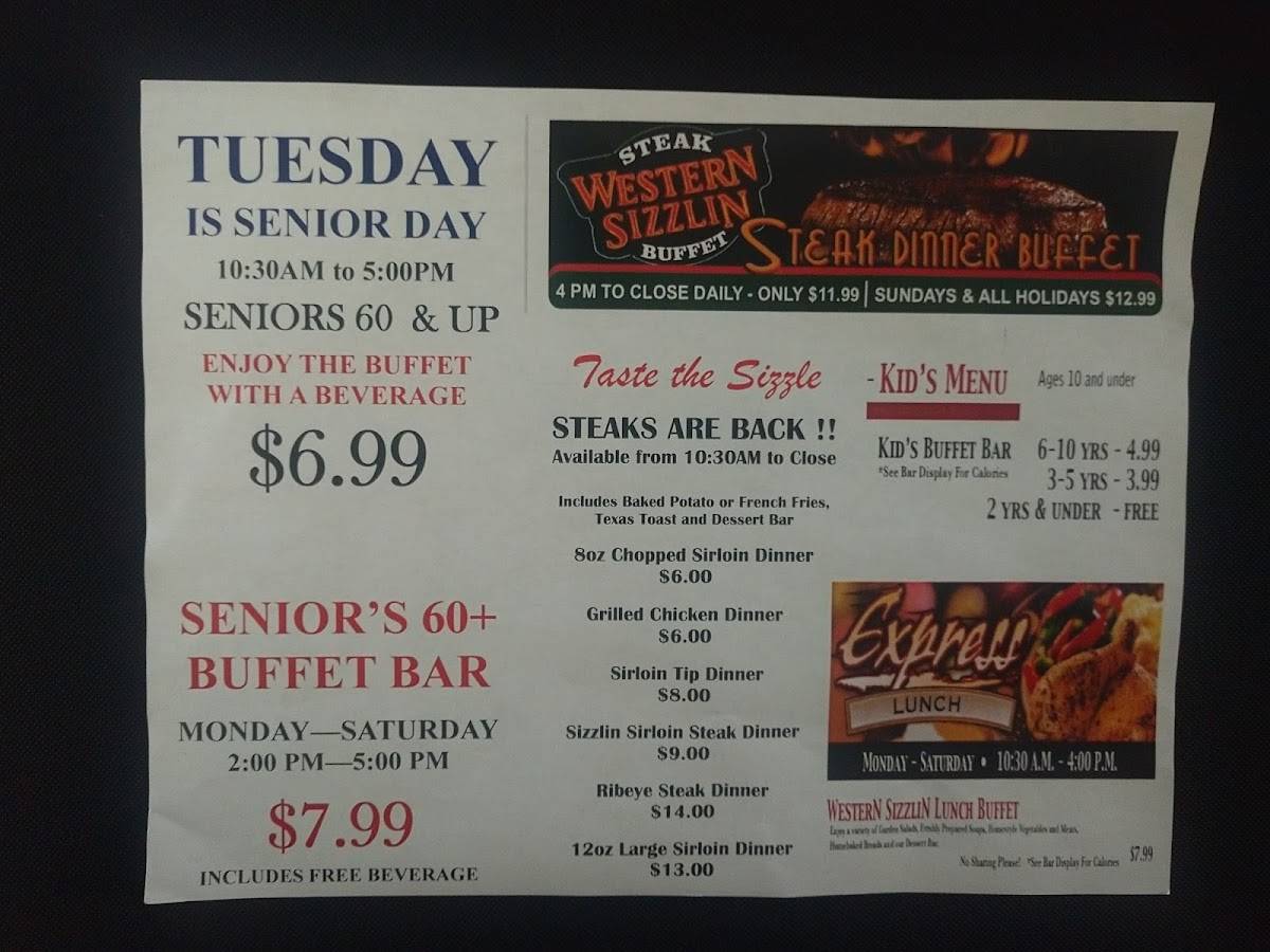 Menu at Western Sizzlin steakhouse, Rainbow City