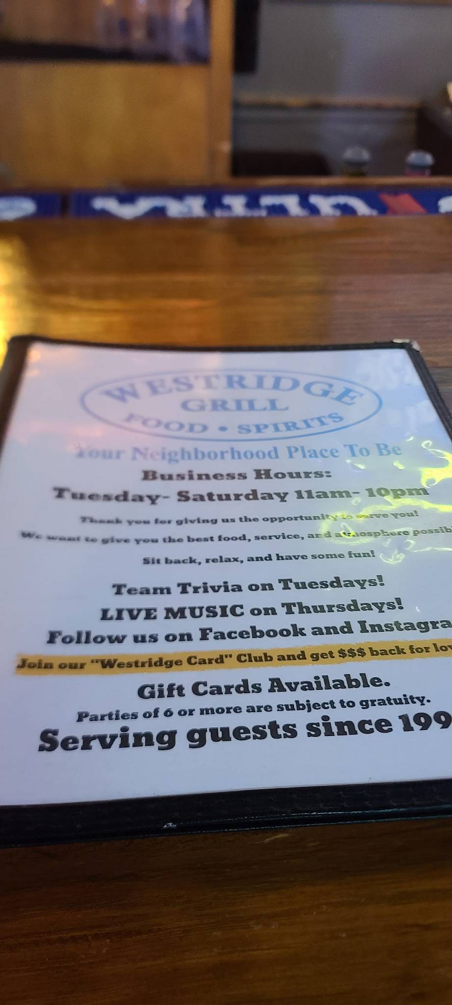 Menu at Westridge Grill pub & bar, Rocky Mount, 3639 Sunset Ave