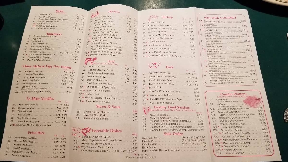 Menu at Win Wok restaurant, Cincinnati, Delhi Rd
