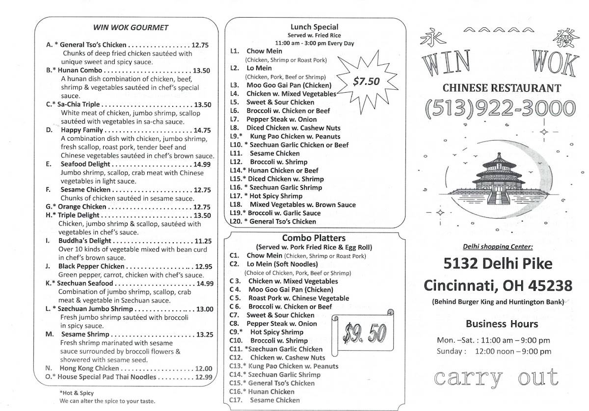 Menu at Win Wok restaurant, Cincinnati, Delhi Rd