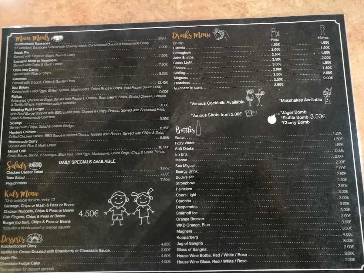 Menu at Winningpost pub & bar, Benidorm