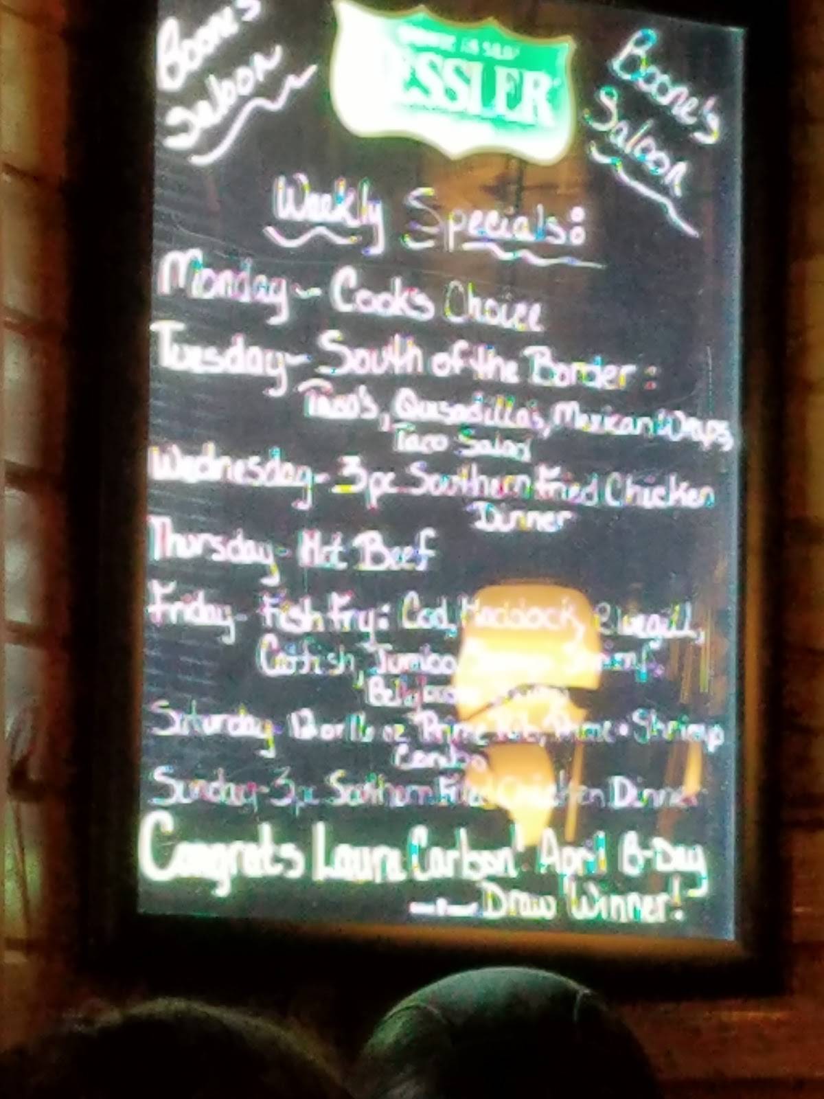 Menu at Boone's Saloon restaurant, Wisconsin Rapids