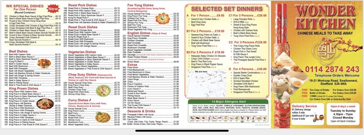 Menu at Wonder Kitchen fast food, Sheffield, 21 Worksop Rd