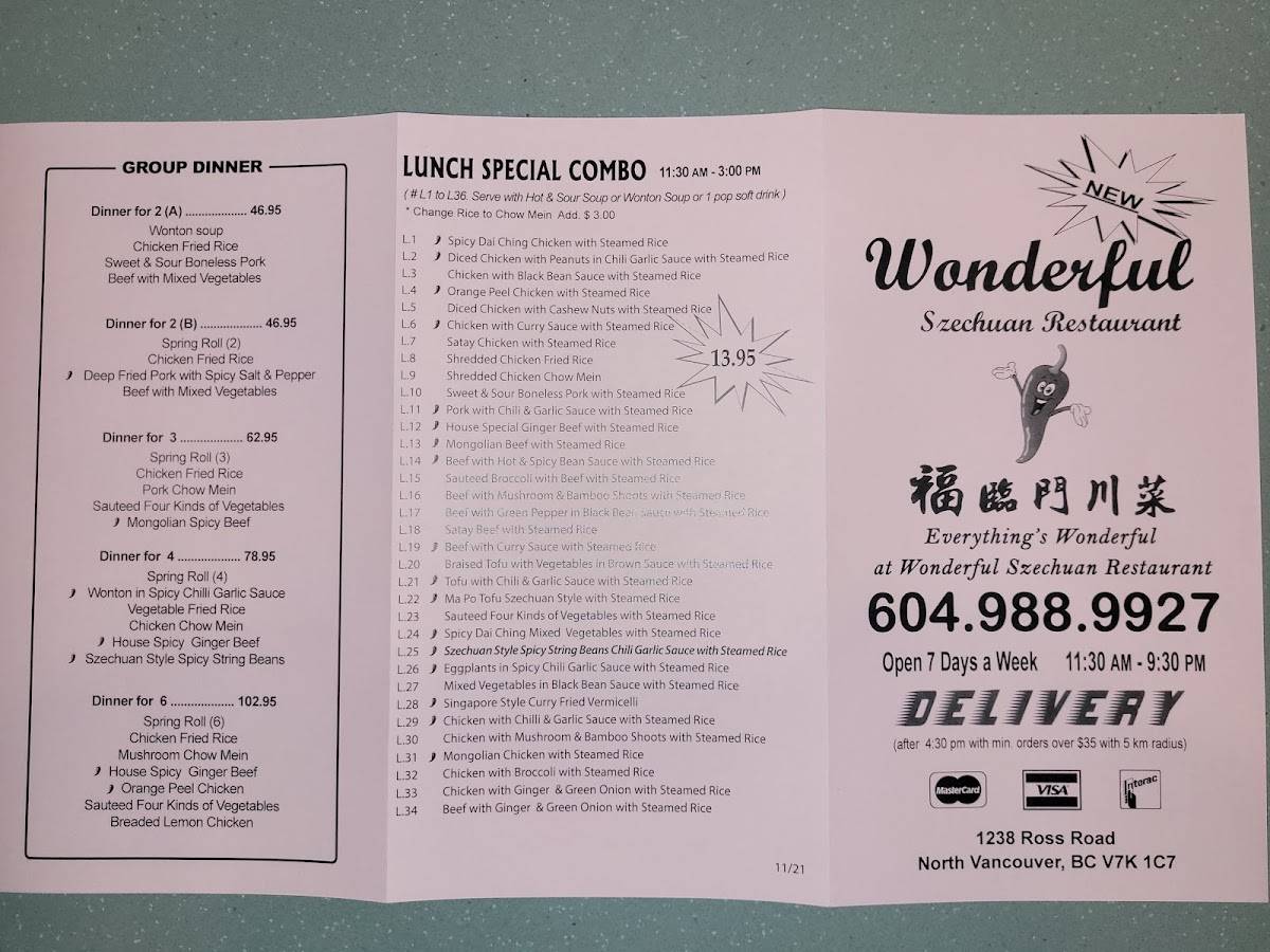 Menu at Wonderful Szechuan Restaurant, North Vancouver