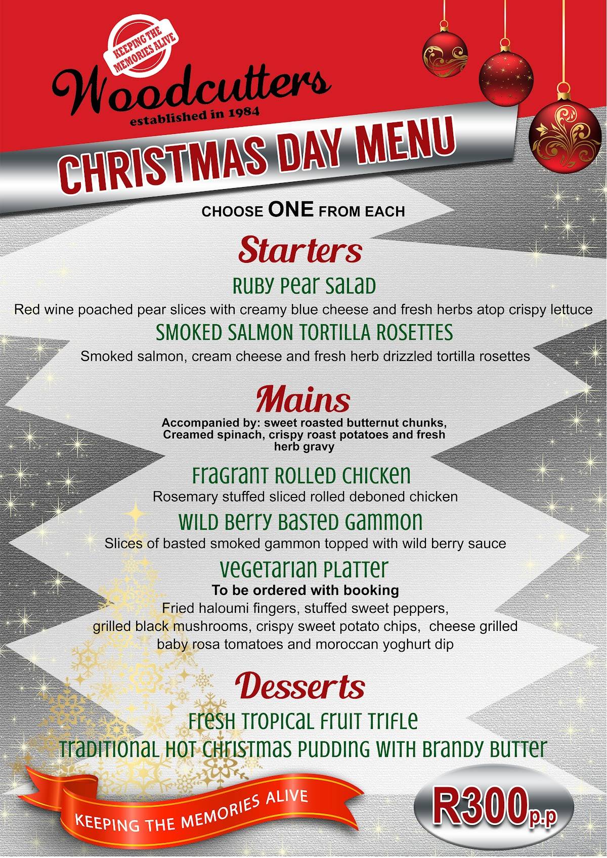 Menu at Woodcutters Restaurant, Durban