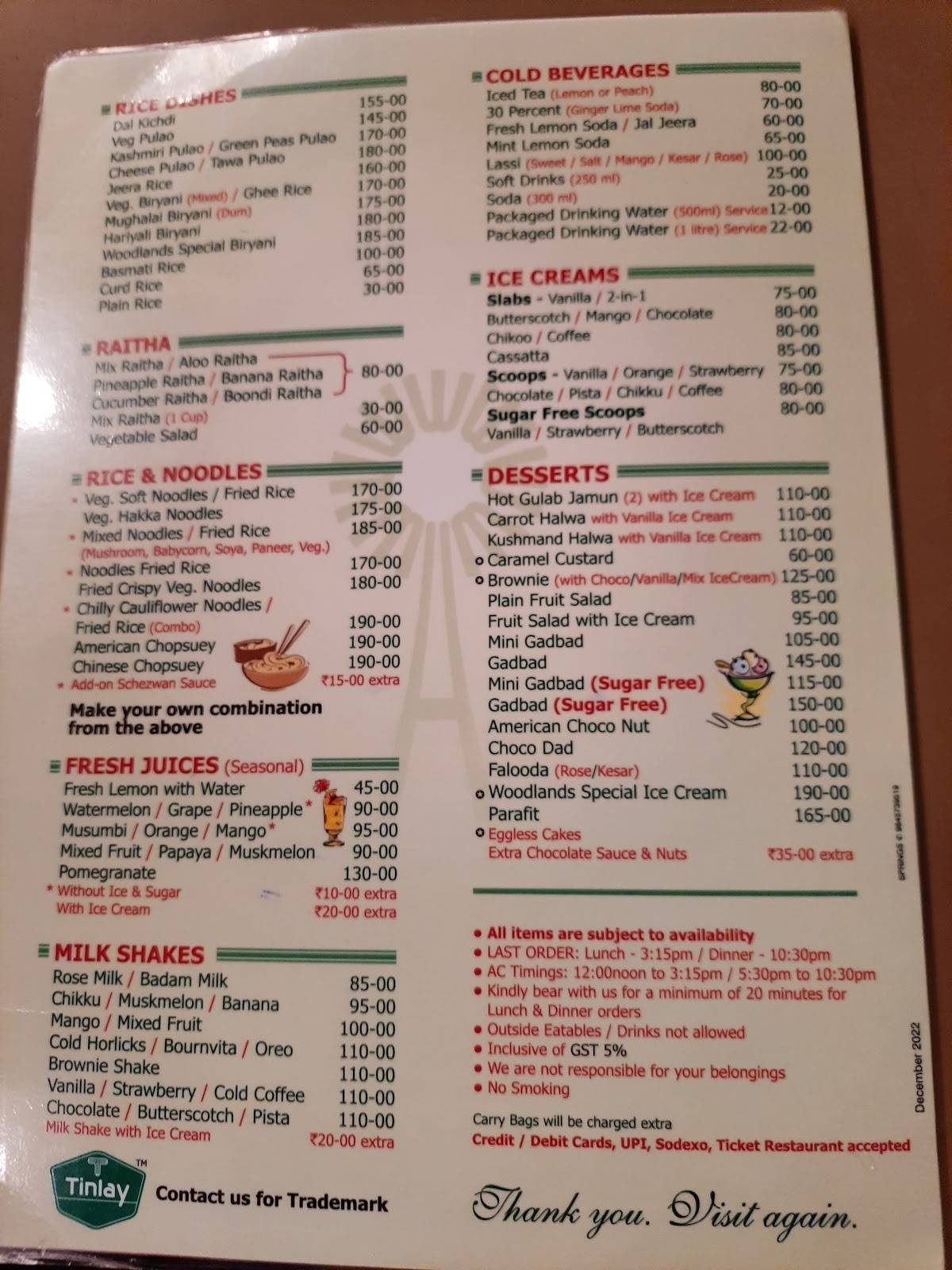 Menu at Woodlands Restaurant, Udupi, Dr. U. R. RAO Complex