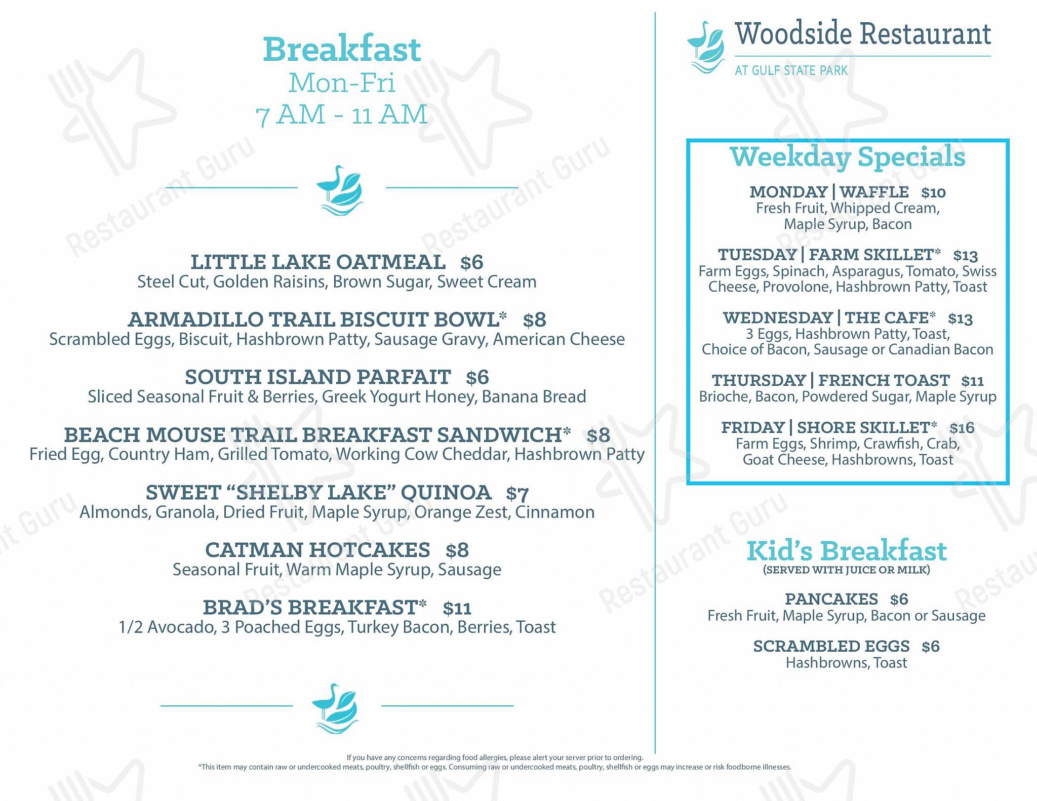 Menu at Woodside Restaurant, Gulf Shores, State Park Rd