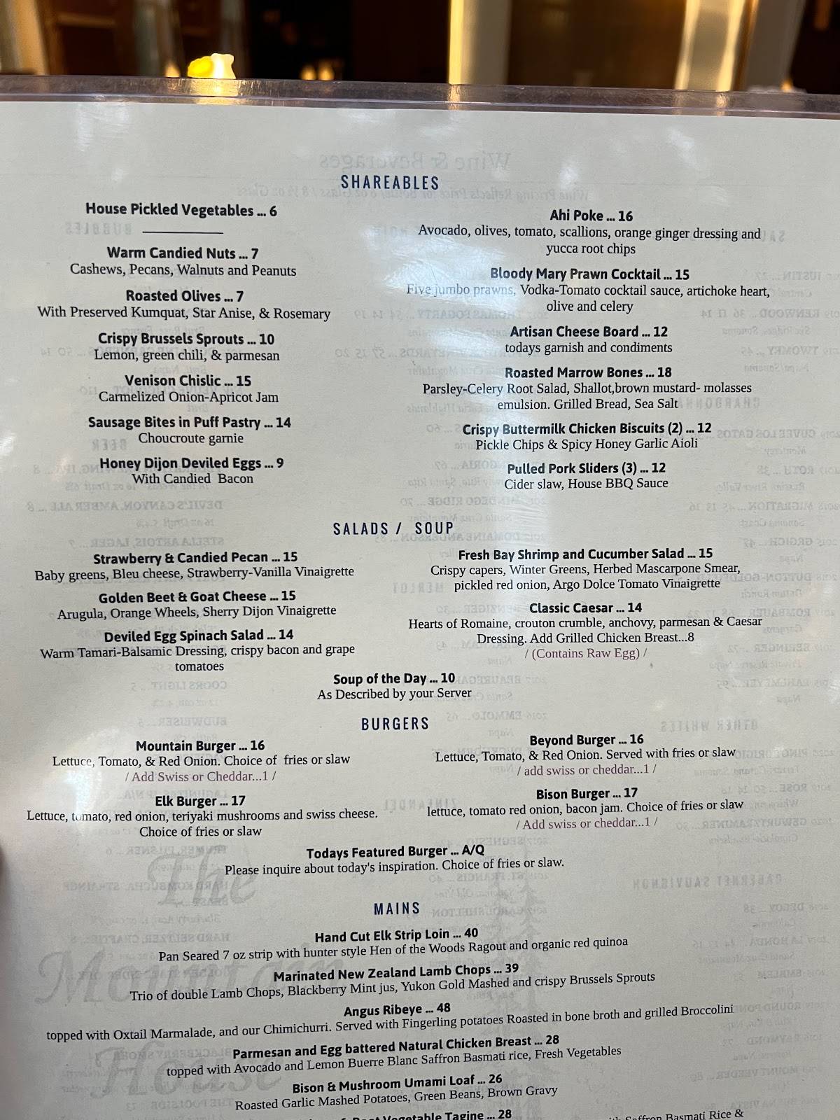 Menu at The Mountain House steakhouse, Woodside