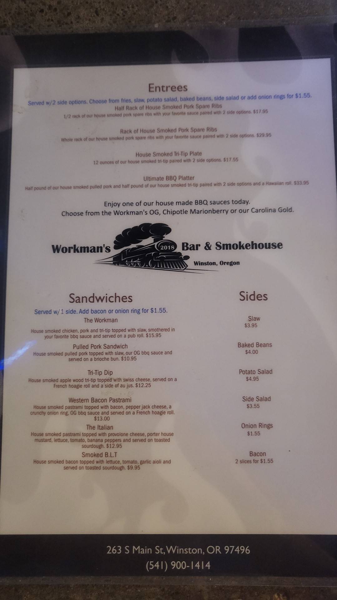 Menu at Workman's Bar & Smokehouse, Winston