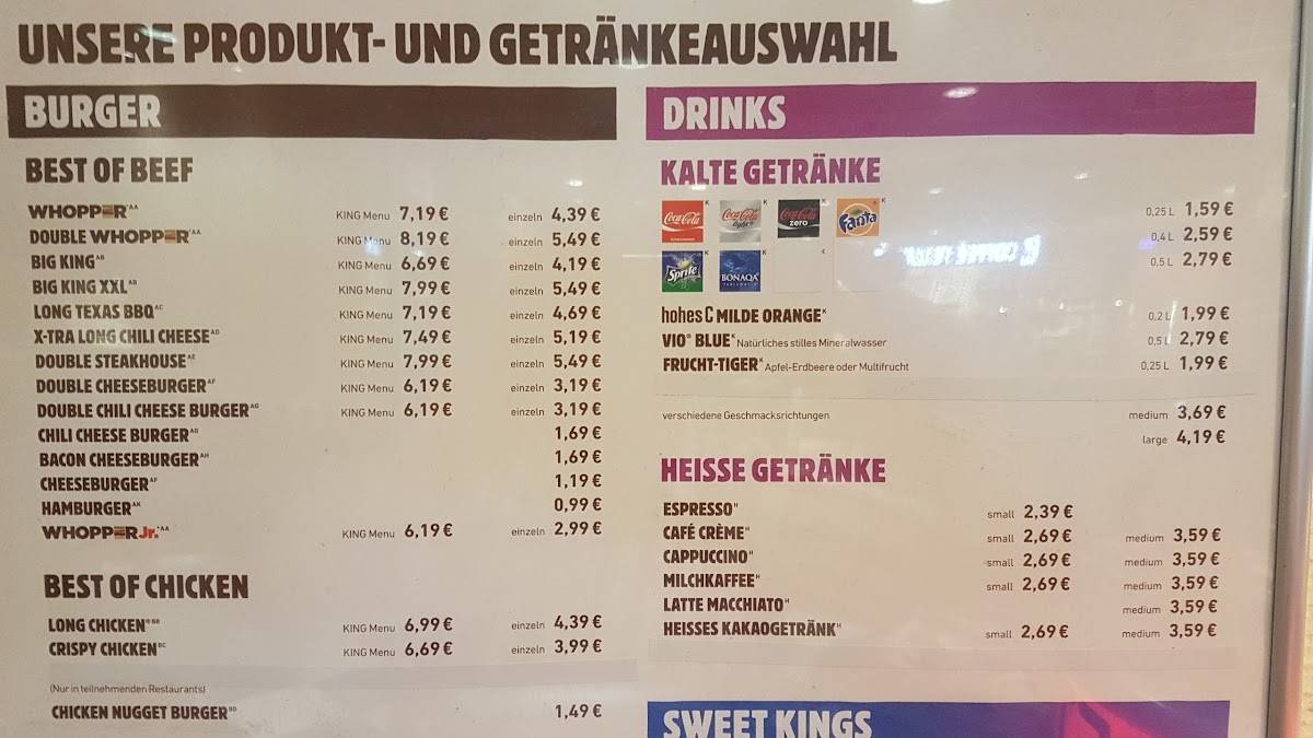 Menu at Burger King fast food, Würzburg, Nürnberger Str. 1