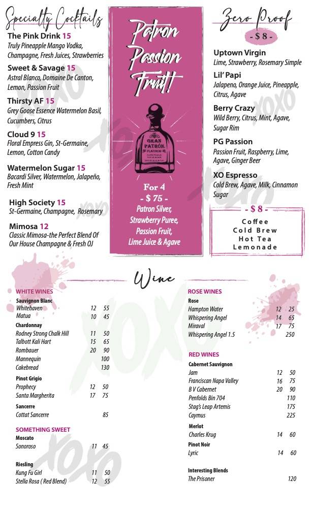 Menu at XOXO Dining Room restaurant, Dallas