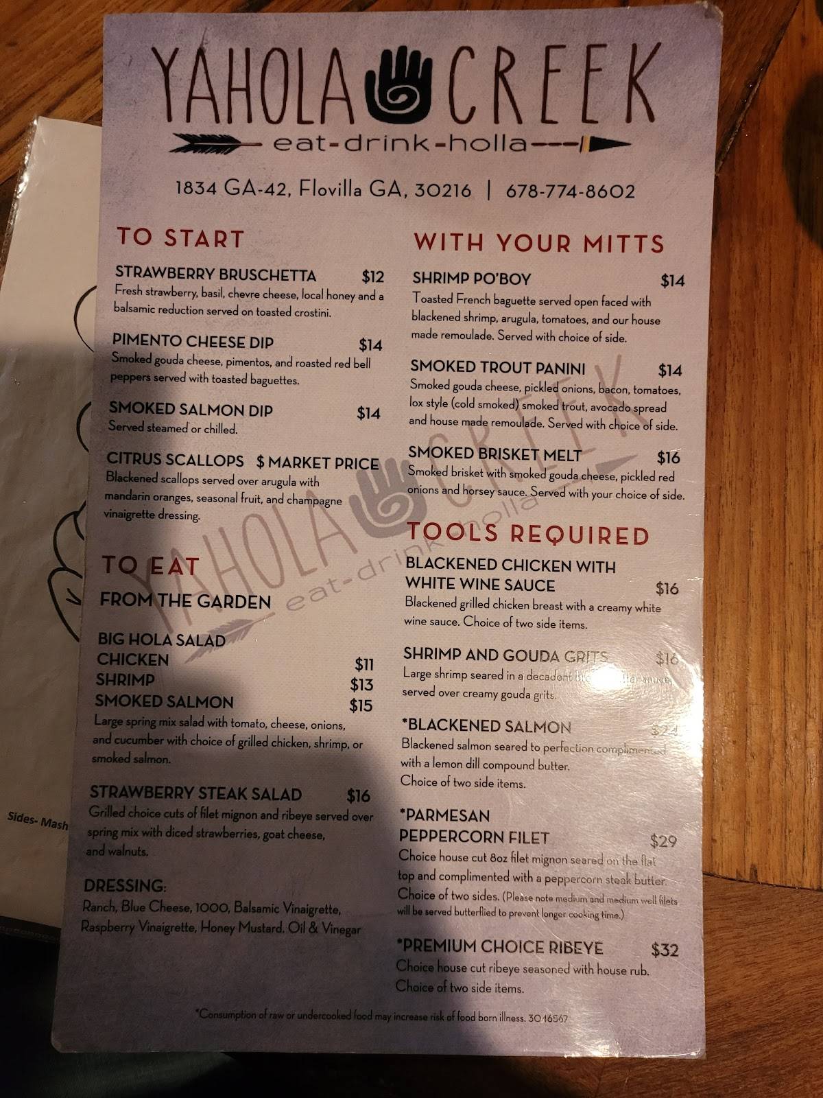 Menu at Yahola Creek Restaurant, Flovilla