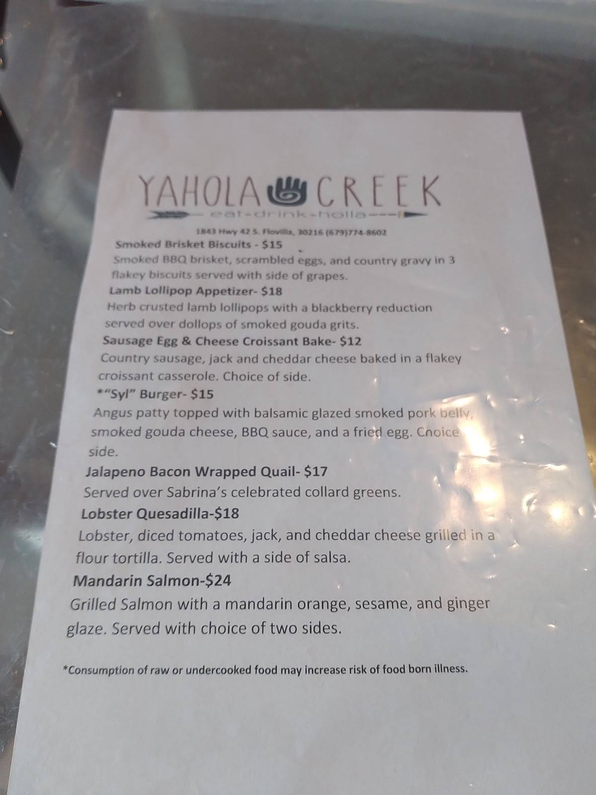 Menu at Yahola Creek Restaurant, Flovilla