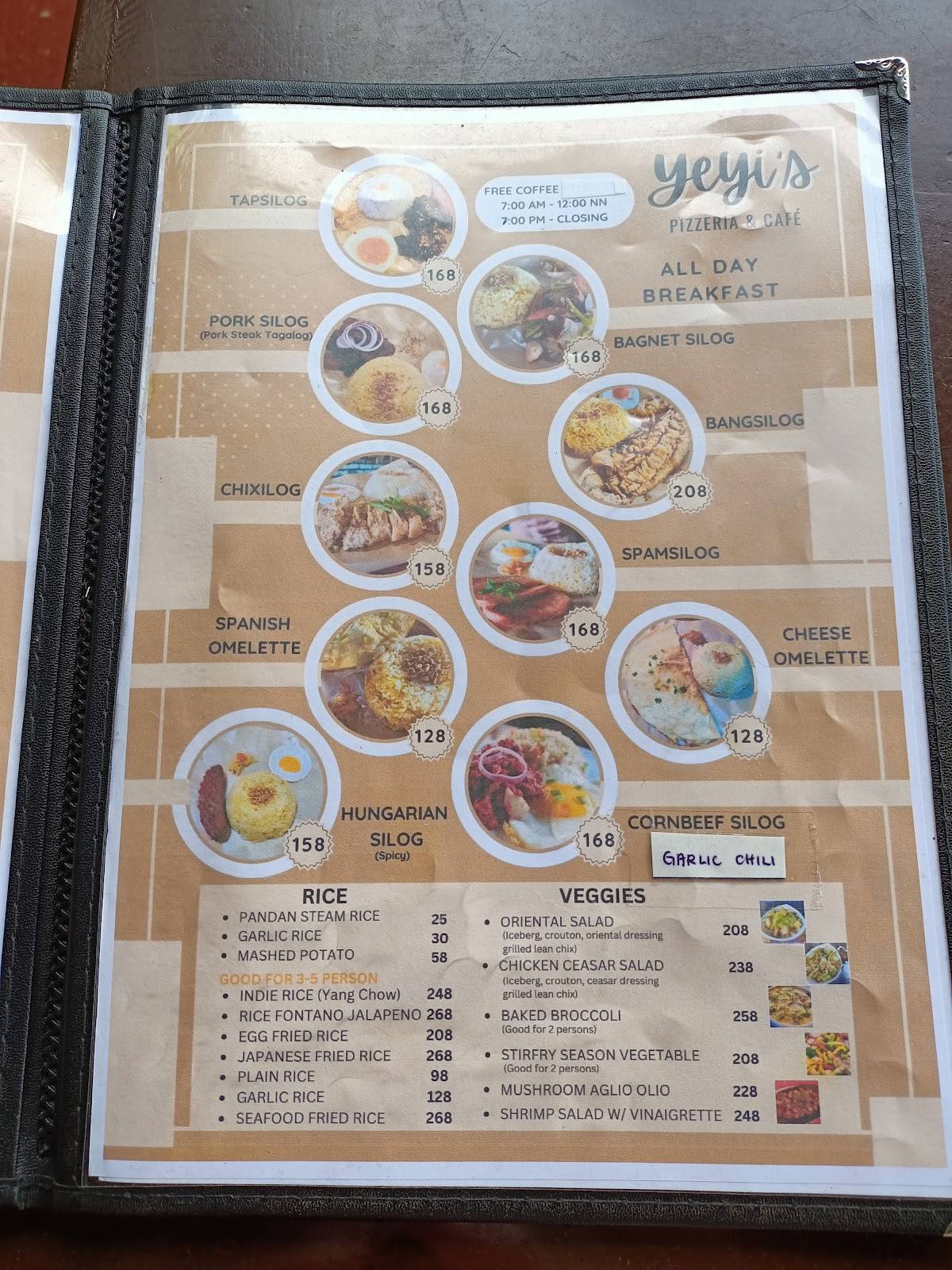 Menu at Yeyi's Pizzeria & Café, Tanay