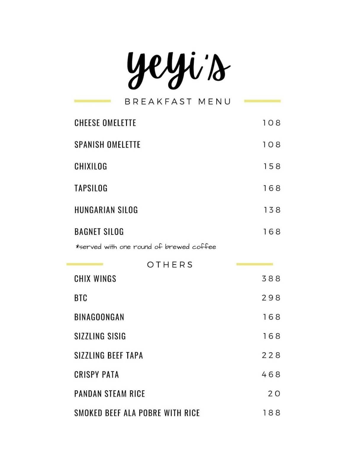 Menu at Yeyi's Pizzeria & Café, Tanay