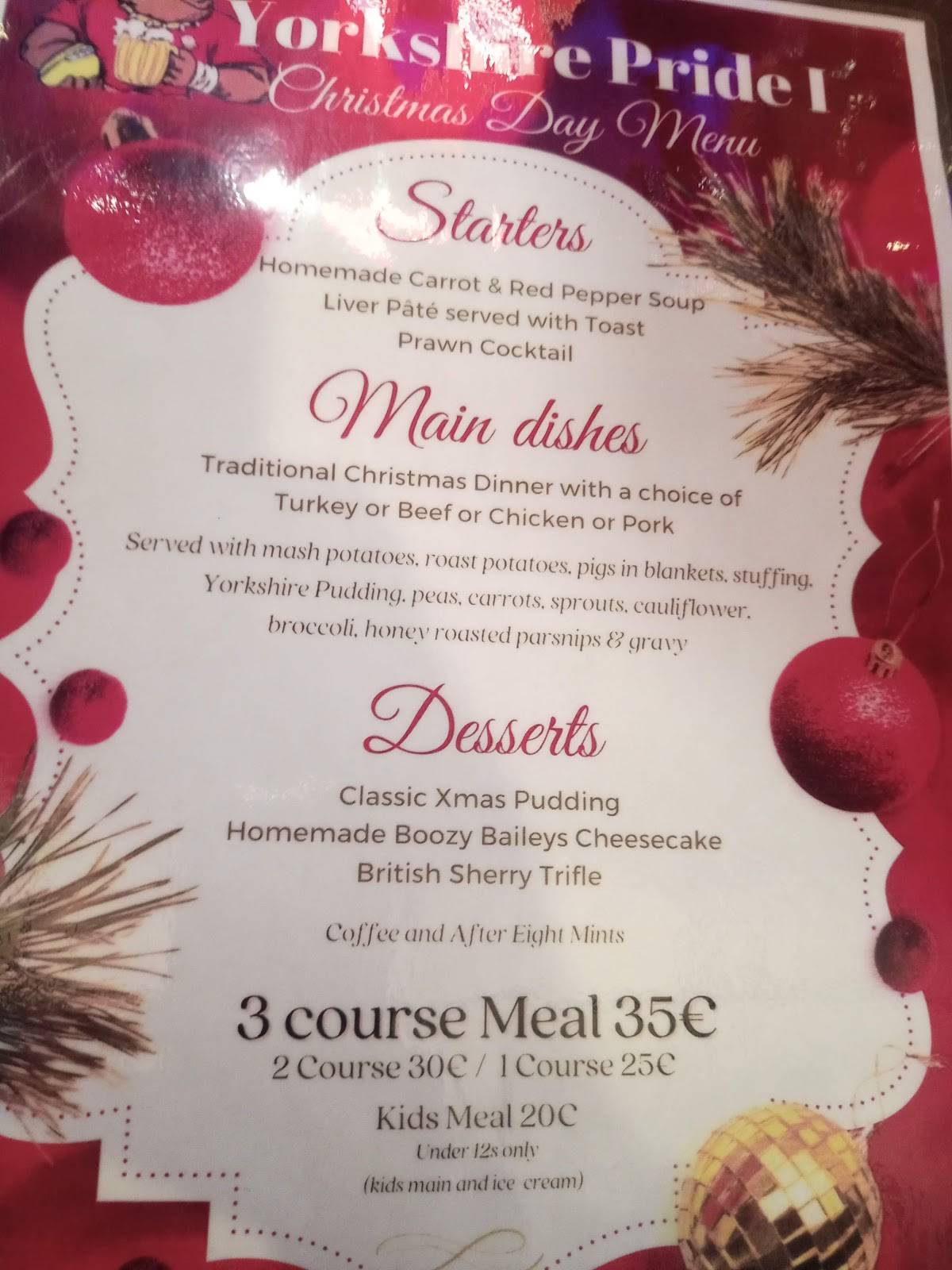 Menu at Yorkshire Pride 1 pub & bar, Benidorm