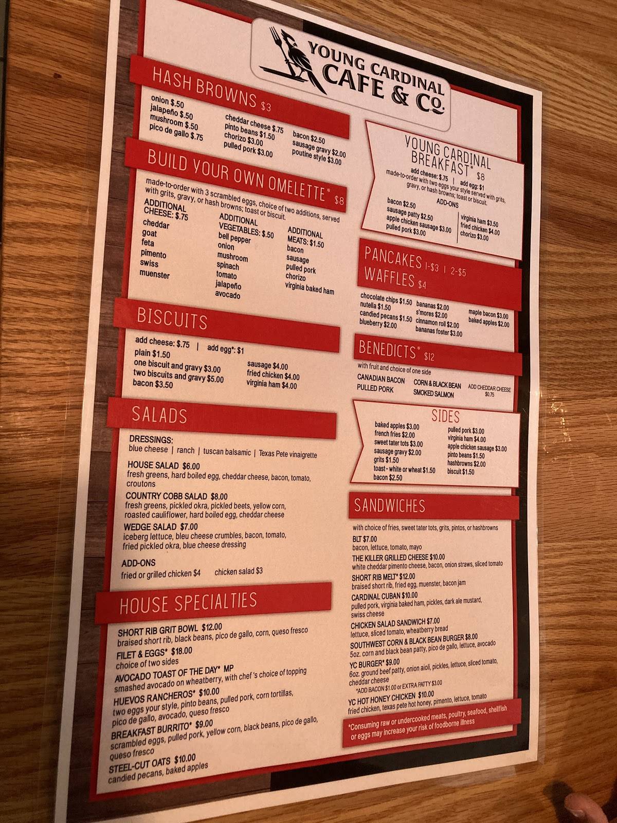 Menu at Young Cardinal Cafe and Co., Winston-Salem