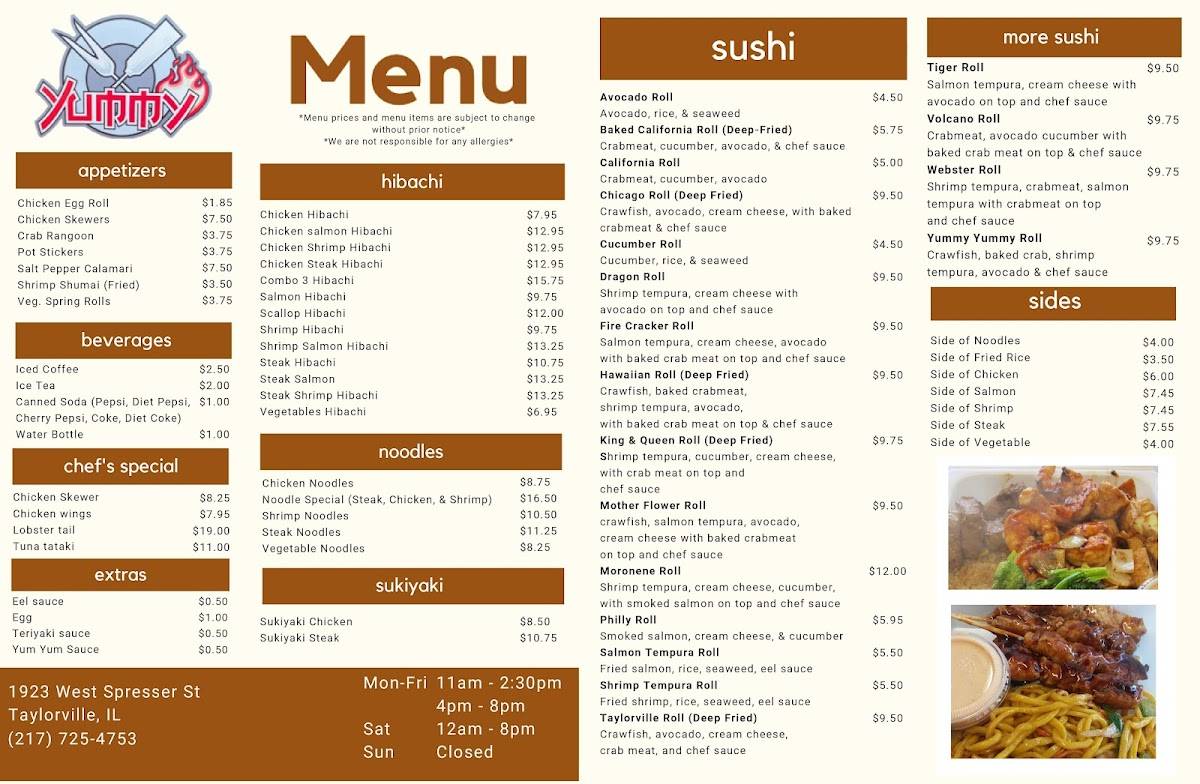 Menu at Yummy Japanese Express - TAYLORVILLE restaurant, Taylorville