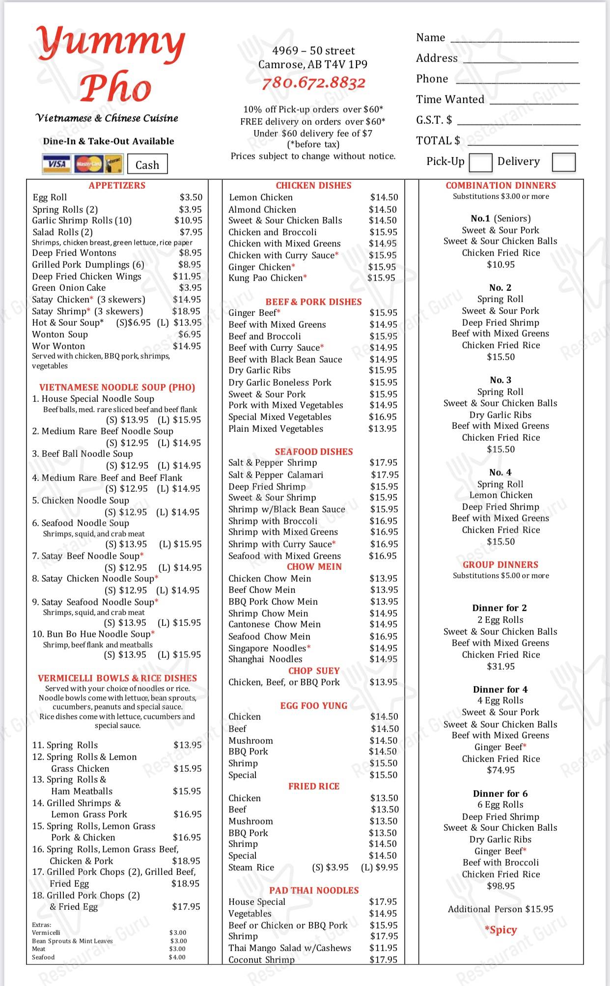 Menu at Yummy Pho Restaurant, Camrose