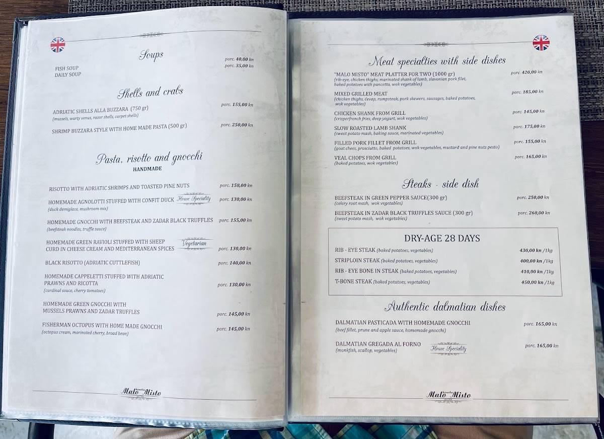 Menu at Restaurant Malo Misto, Zadar