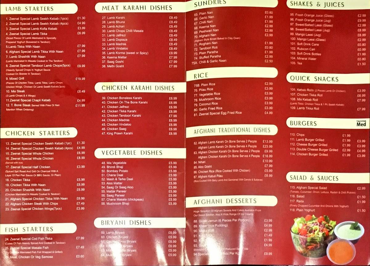 Menu at Zeenat restaurant, Coventry