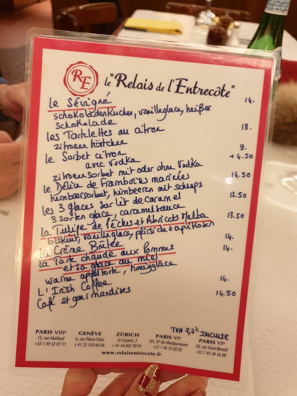 Menu da Le Relais de l'Entrecote Zürich, Zurigo