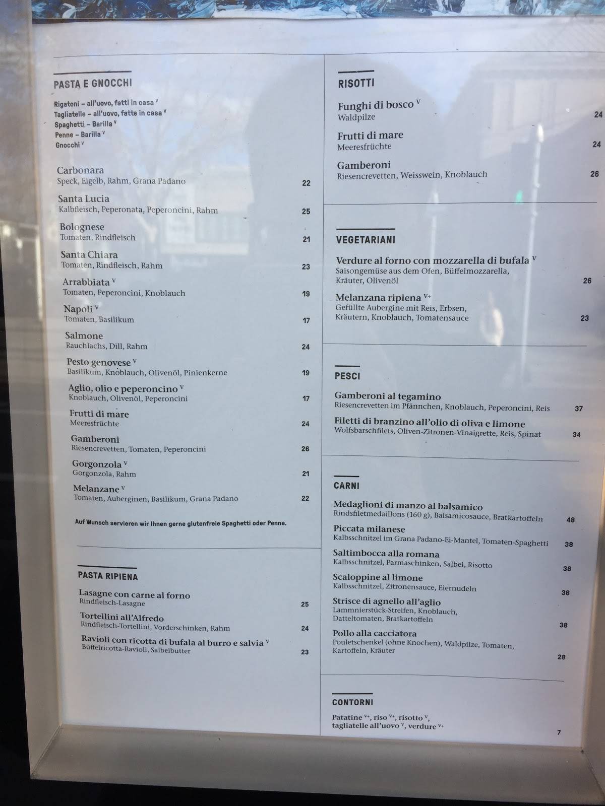 Menu at Santa Lucia, Zürich, Rämistrasse 32