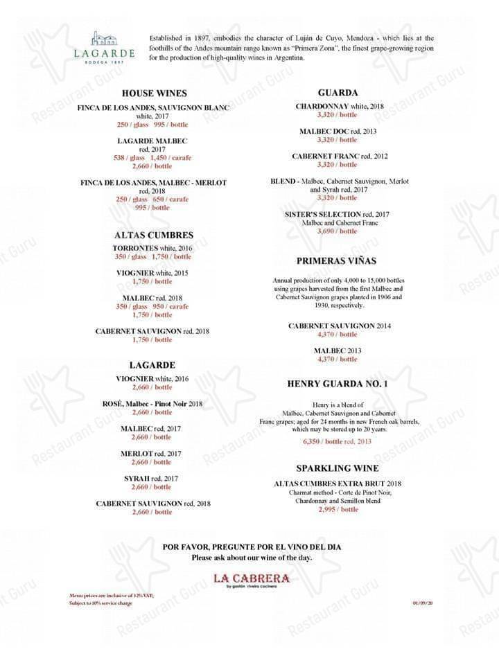 Menu at La Cabrera restaurant, Makati, H23G+46M
