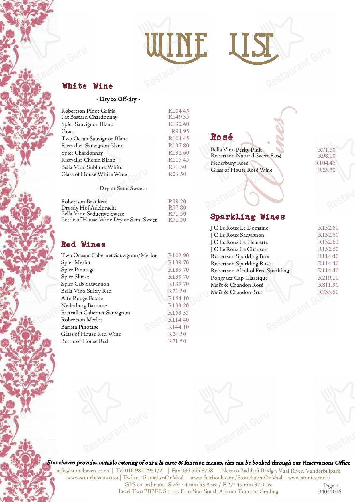 Menu at Stonehaven on Vaal restaurant, Vanderbijlpark