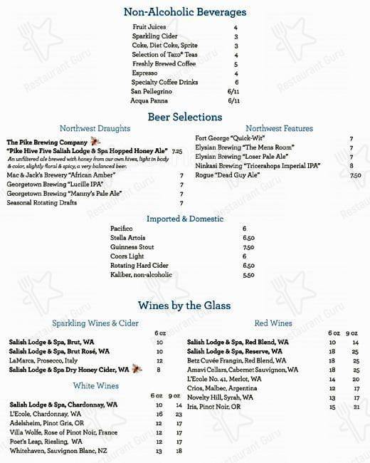 Menu at The Attic at Salish Lodge pub & bar, Snoqualmie
