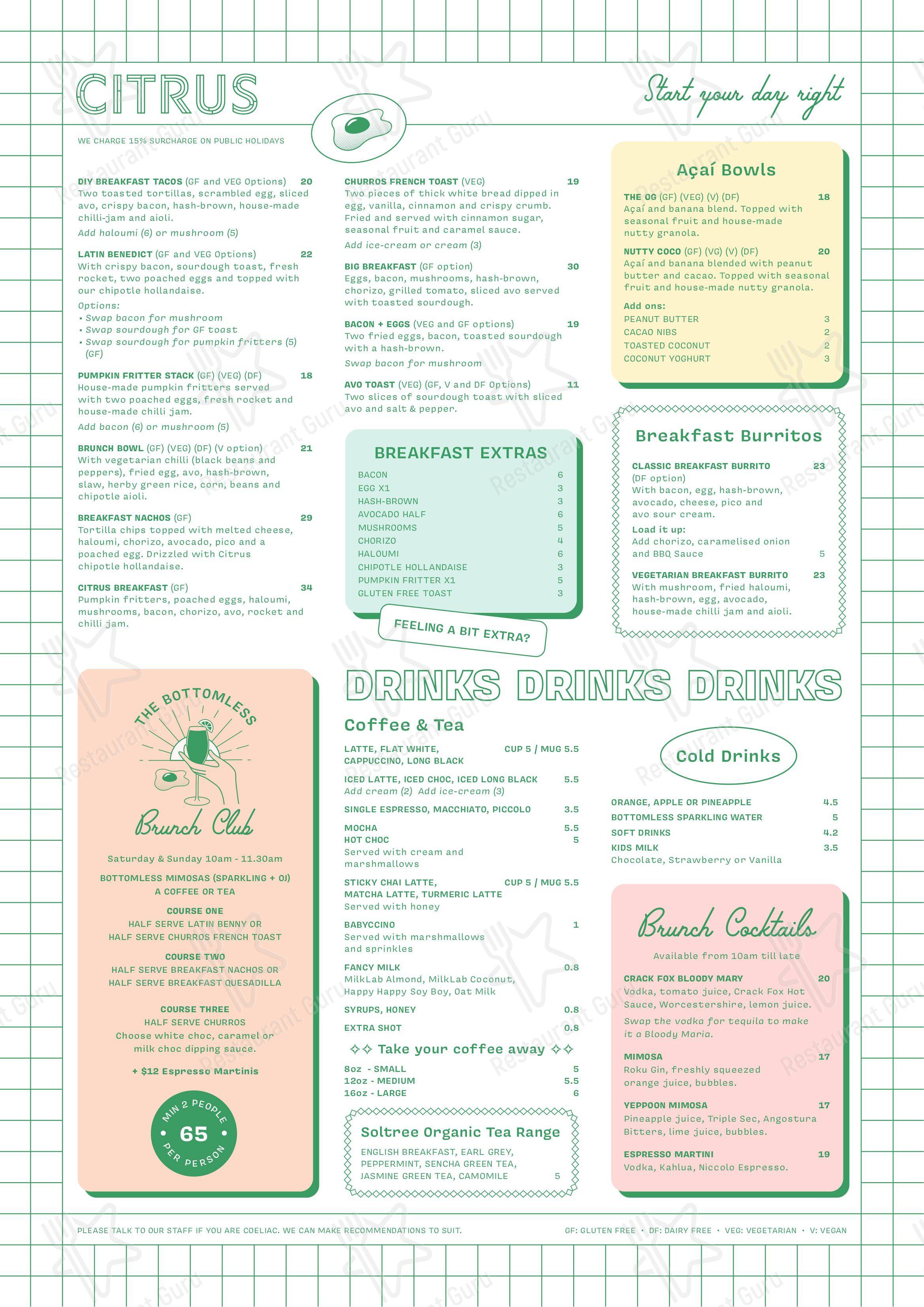 Menu at The Citrus Club, Yeppoon