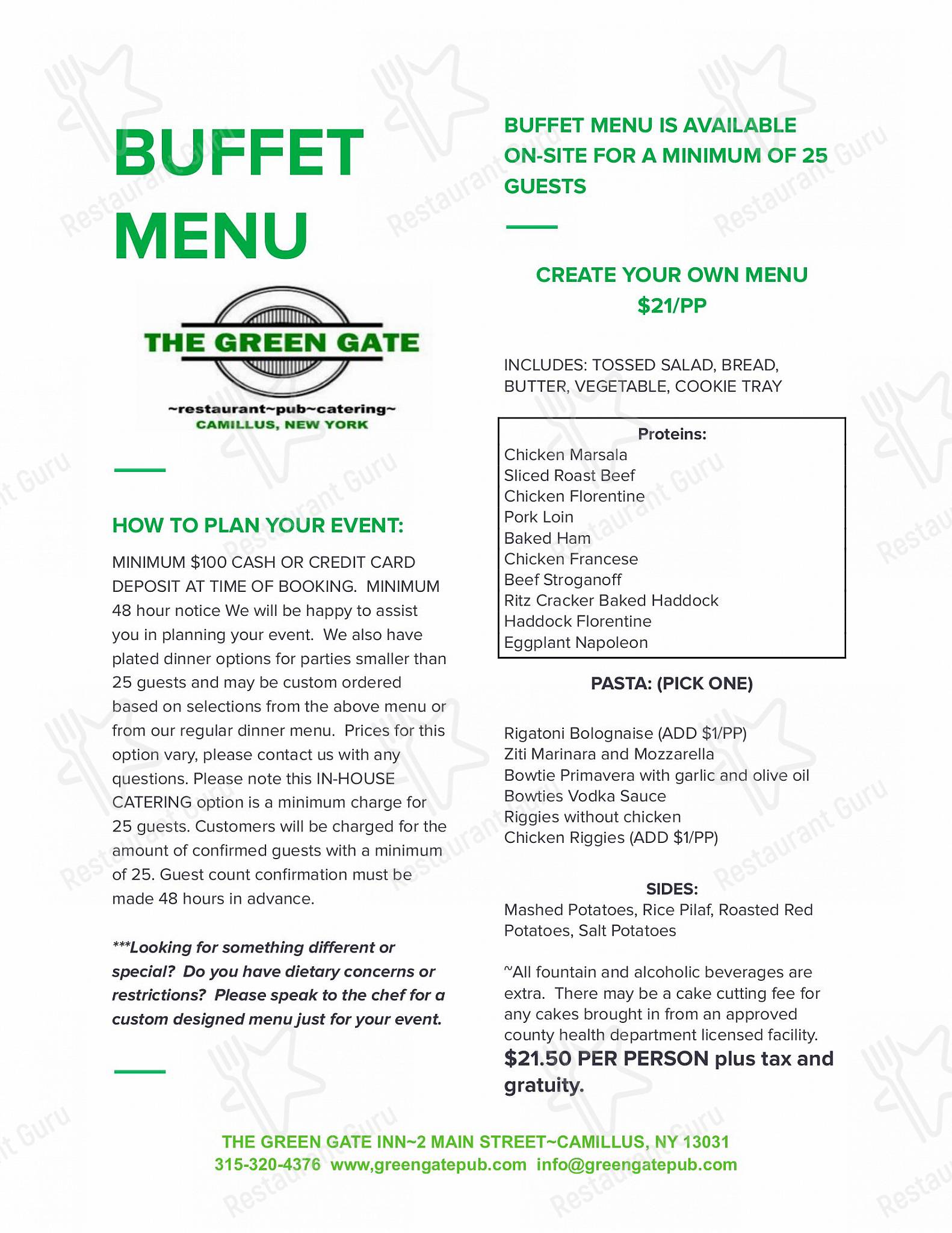Menu at Green Gate Inn pub & bar, Camillus