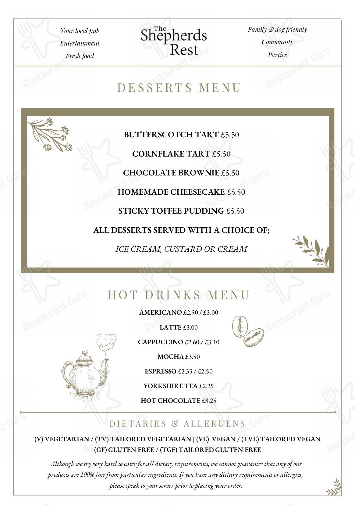 Menu at The Shepherds Rest pub & bar, Nottingham, Lower Bagthorpe