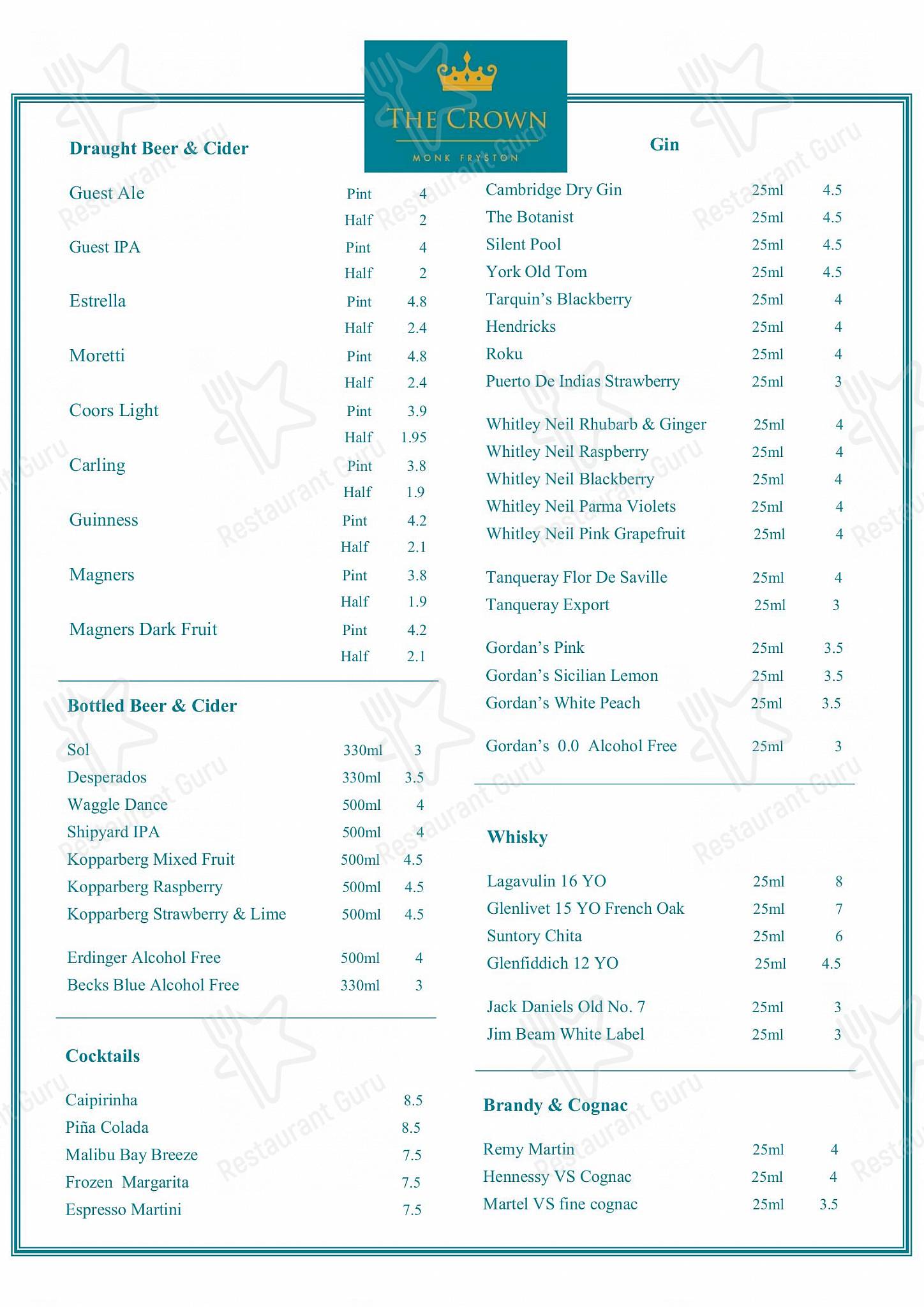 Menu at The Crown Inn, Monk Fryston pub & bar, Sherburn in Elmet